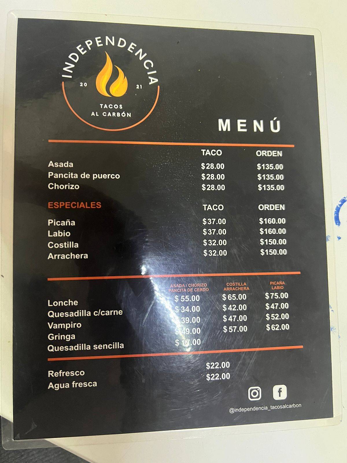 Menu at Independencia tacos al carbón restaurant, Guadalajara