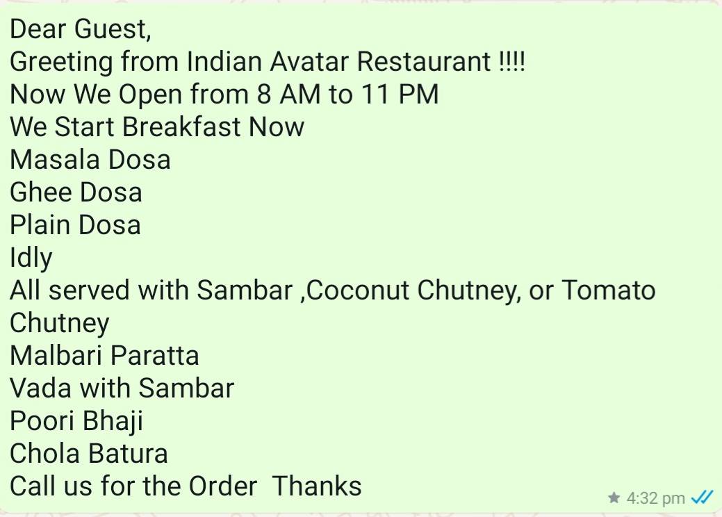 Carta de Indian Avatar Restaurant, Abu Dabi