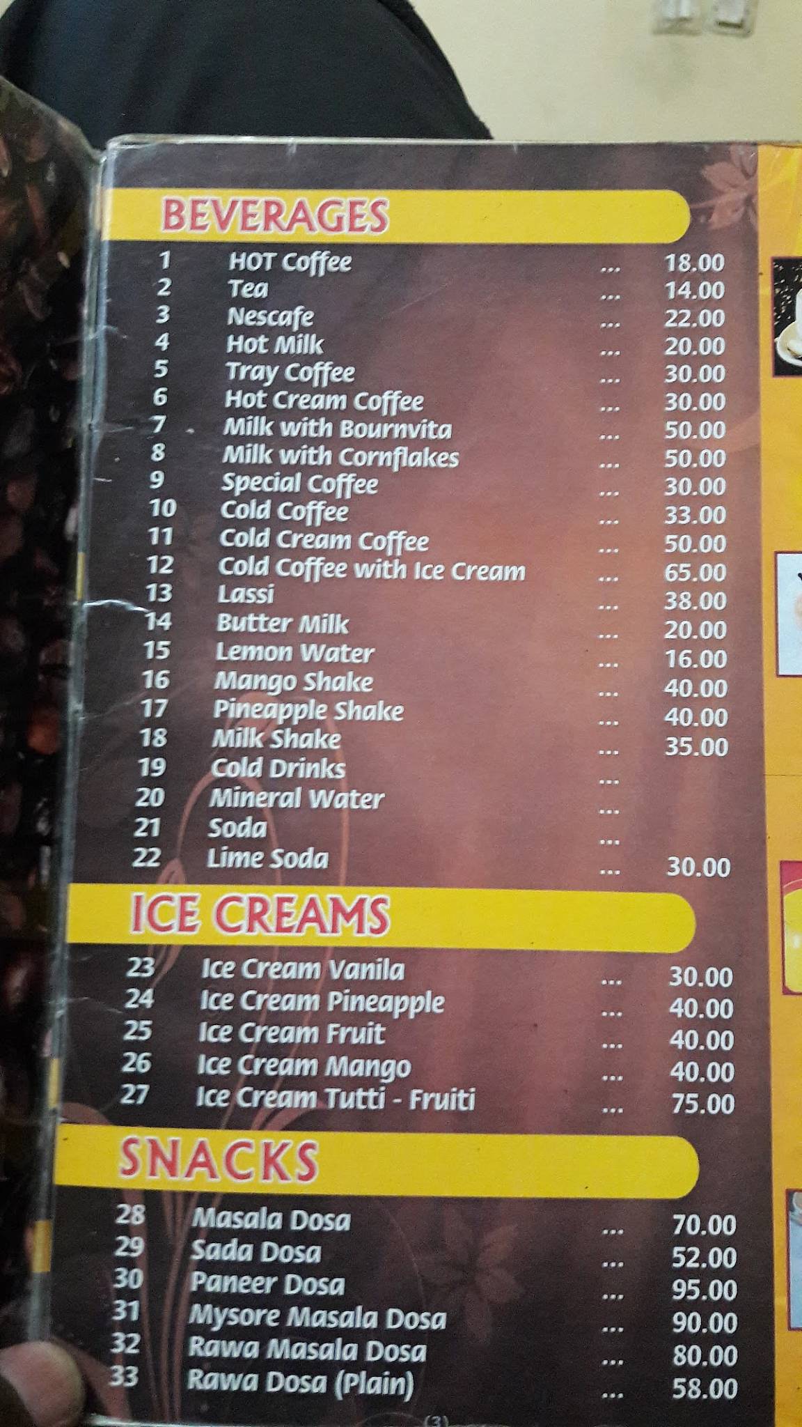 Menu at Indian Coffee House, Gwalior, Nera Hotel India