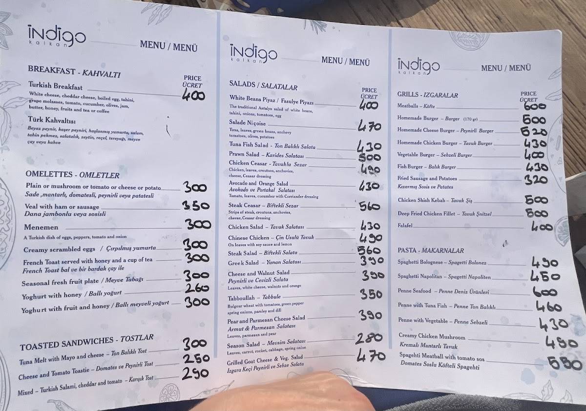 Menu at Indigo Beach Club & Restaurant, Turkey, Kalkan Harbour