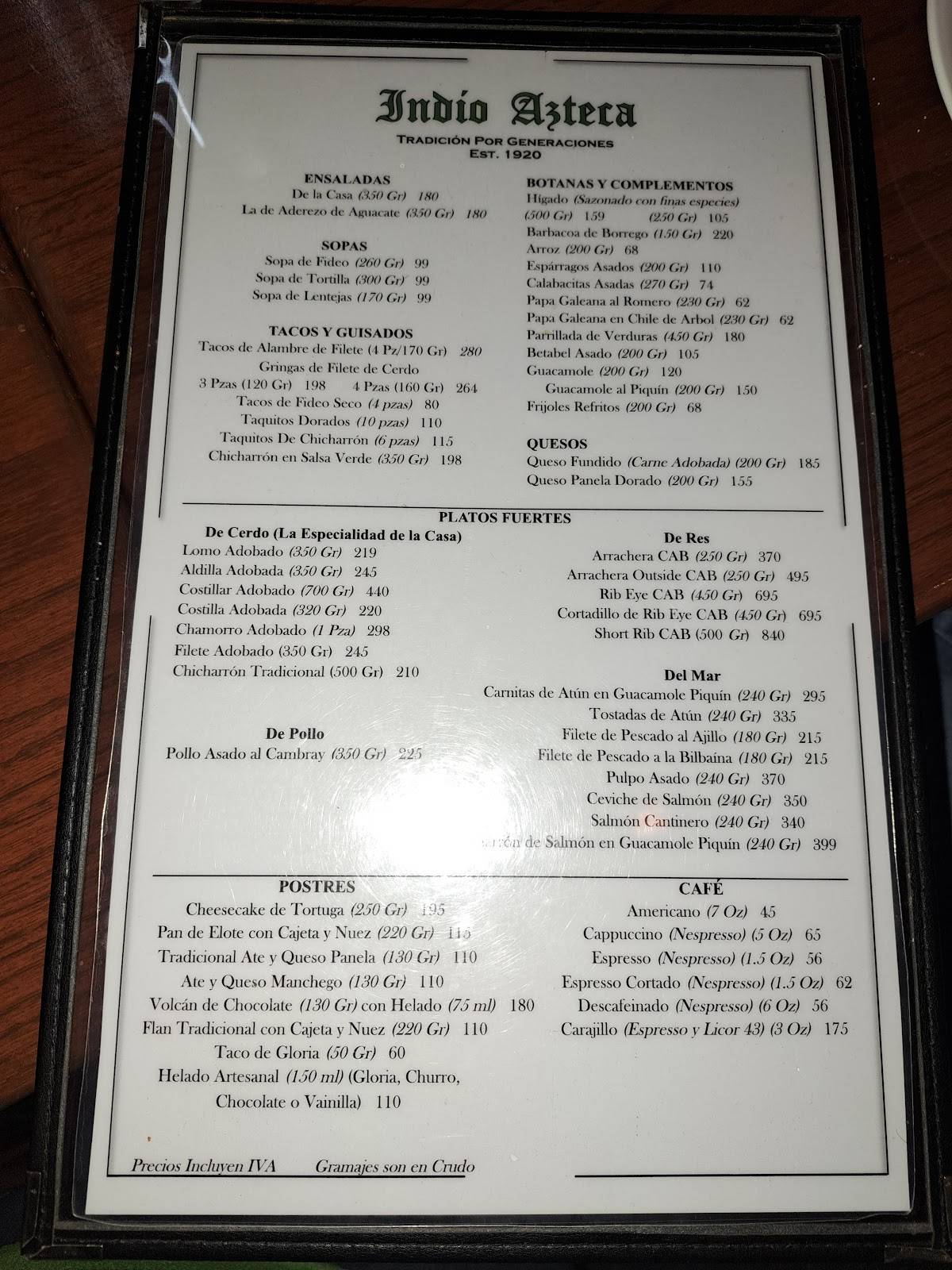 Carta de parrilla Indio Azteca, San Pedro Garza García, Av. Ricardo ...