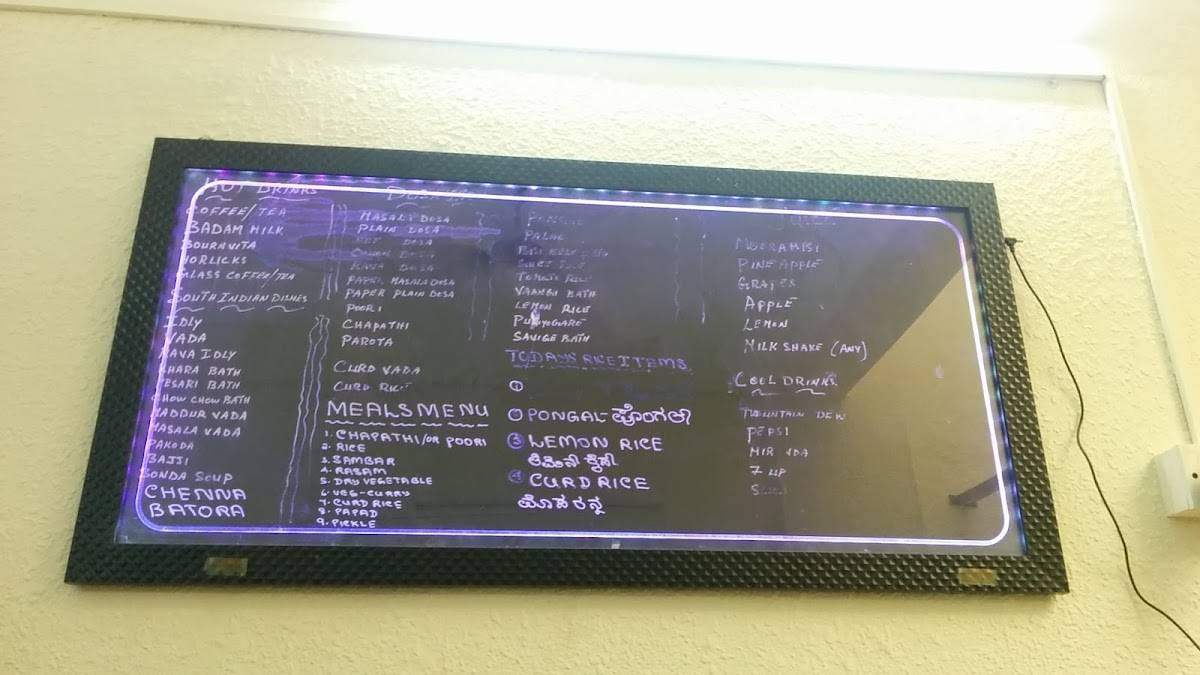 Menu at Indira Darshini, Bengaluru, 11/1
