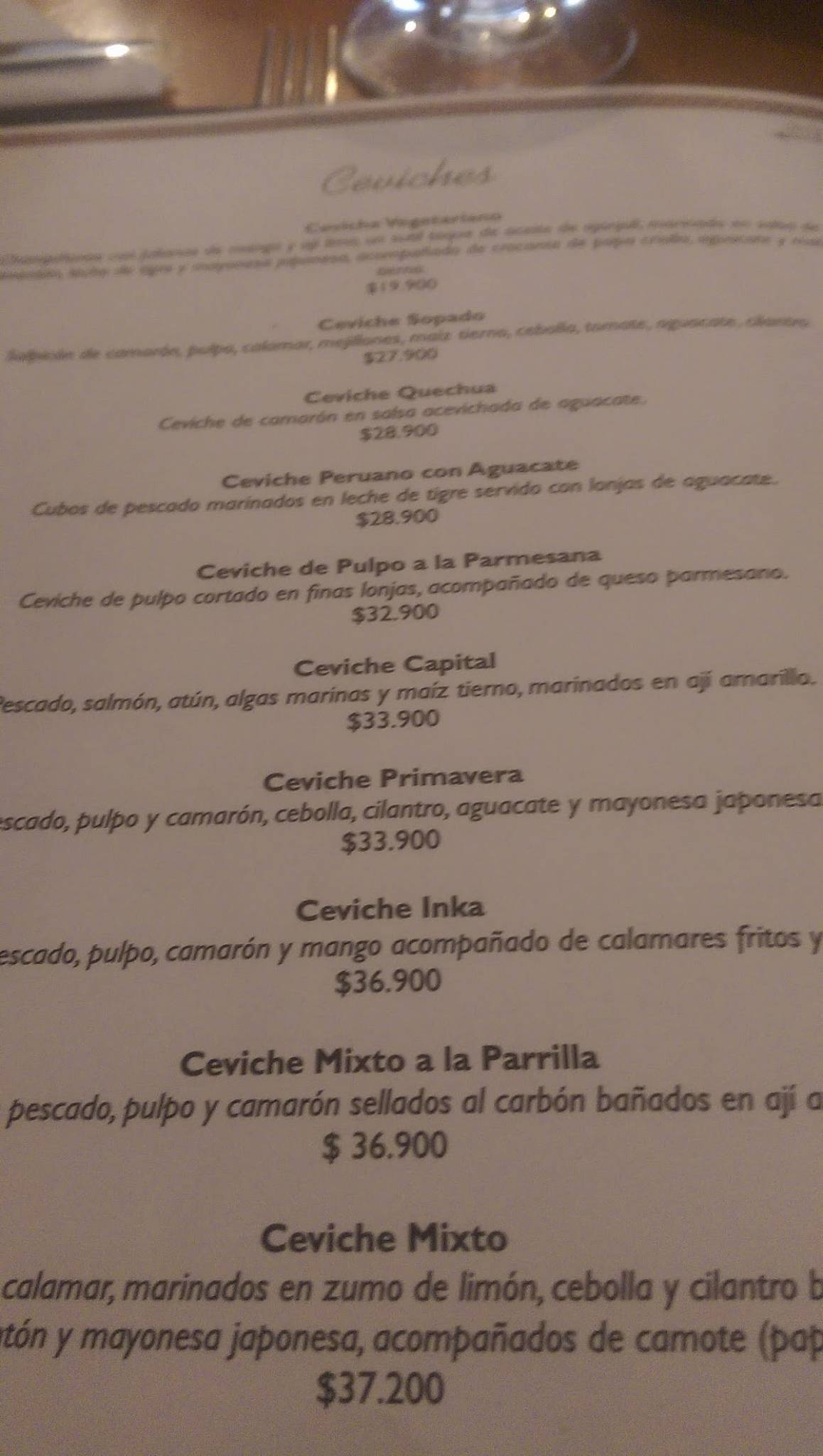 Carta de Restaurante Inka, Cúcuta