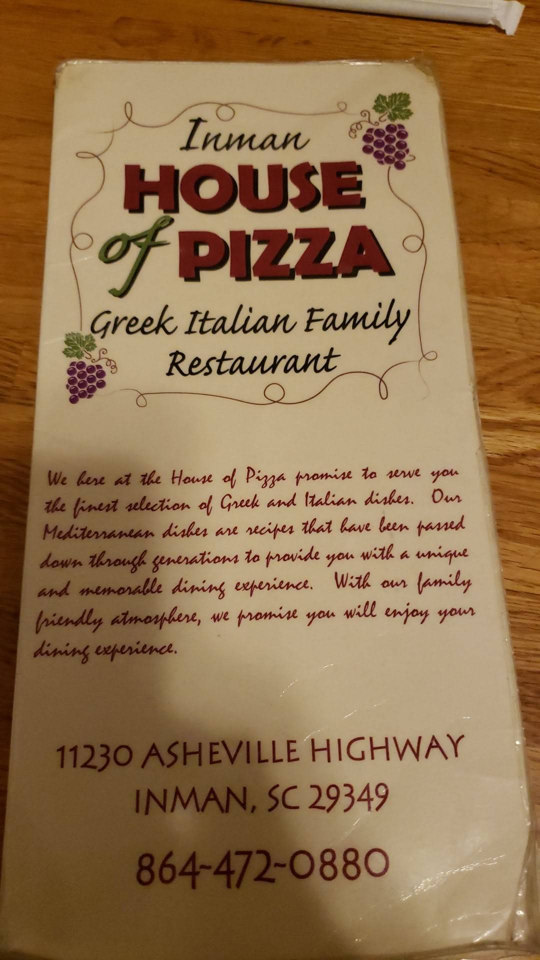 Menu at Inman House of Pizza restaurant, Inman