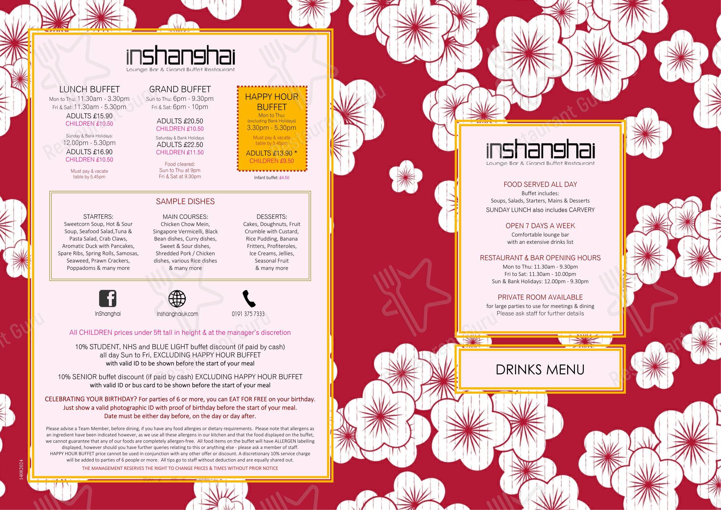Menu at Inshanghai restaurant, Durham