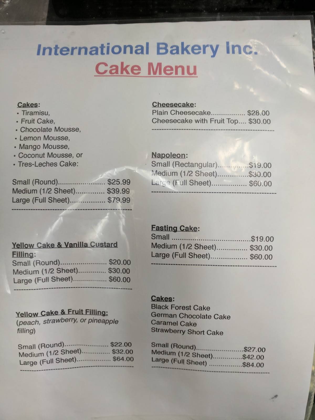 Menu at International Bakery, Atlanta, Cheshire Bridge Rd NE UNIT 5