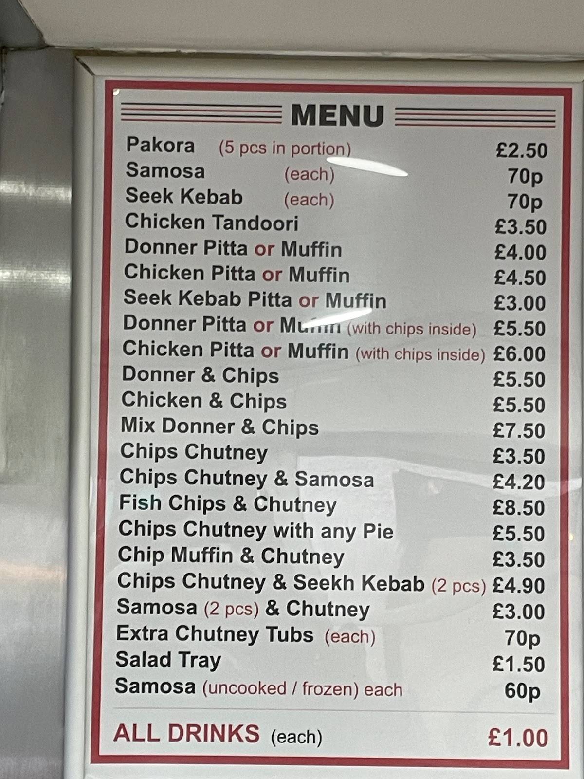 Menu at International Chippy restaurant, Rochdale