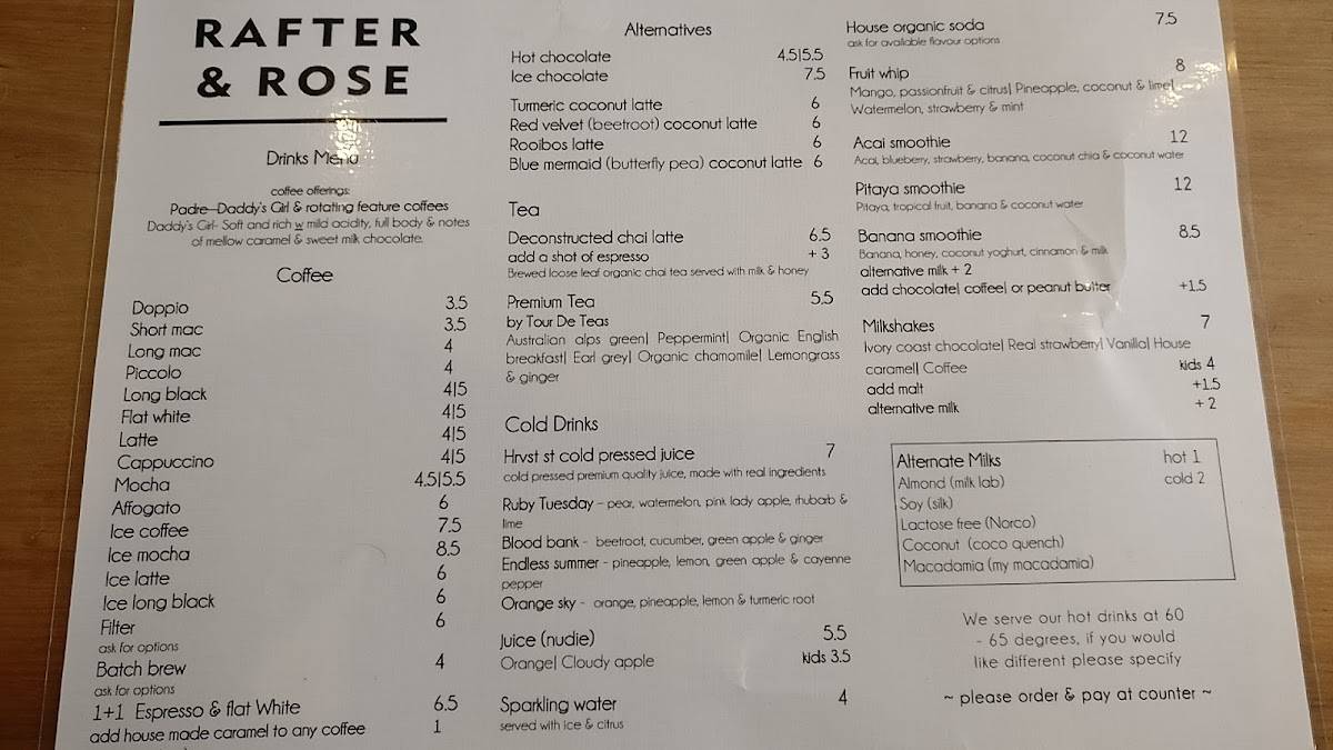 Menu at Rafter & Rose restaurant, Ipswich