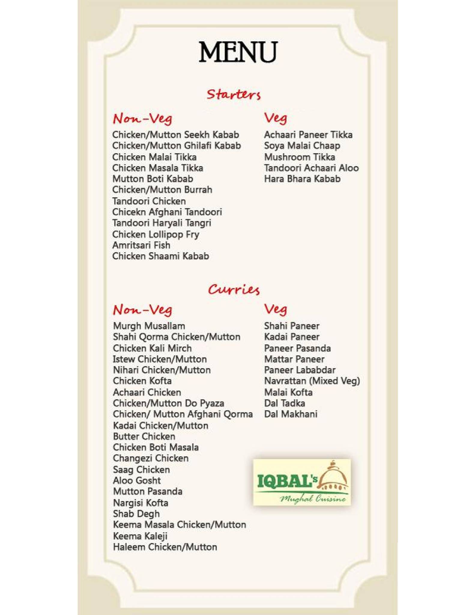 Menu at Iqbal's Mughal Cuisine, New Delhi, J-57