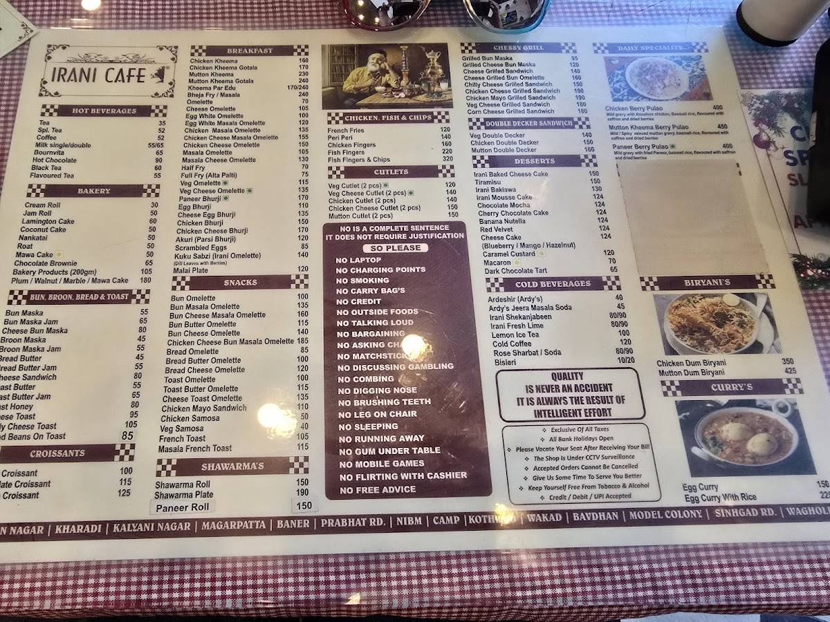 Menu at Irani Cafe, Pune, IRANI CAFE