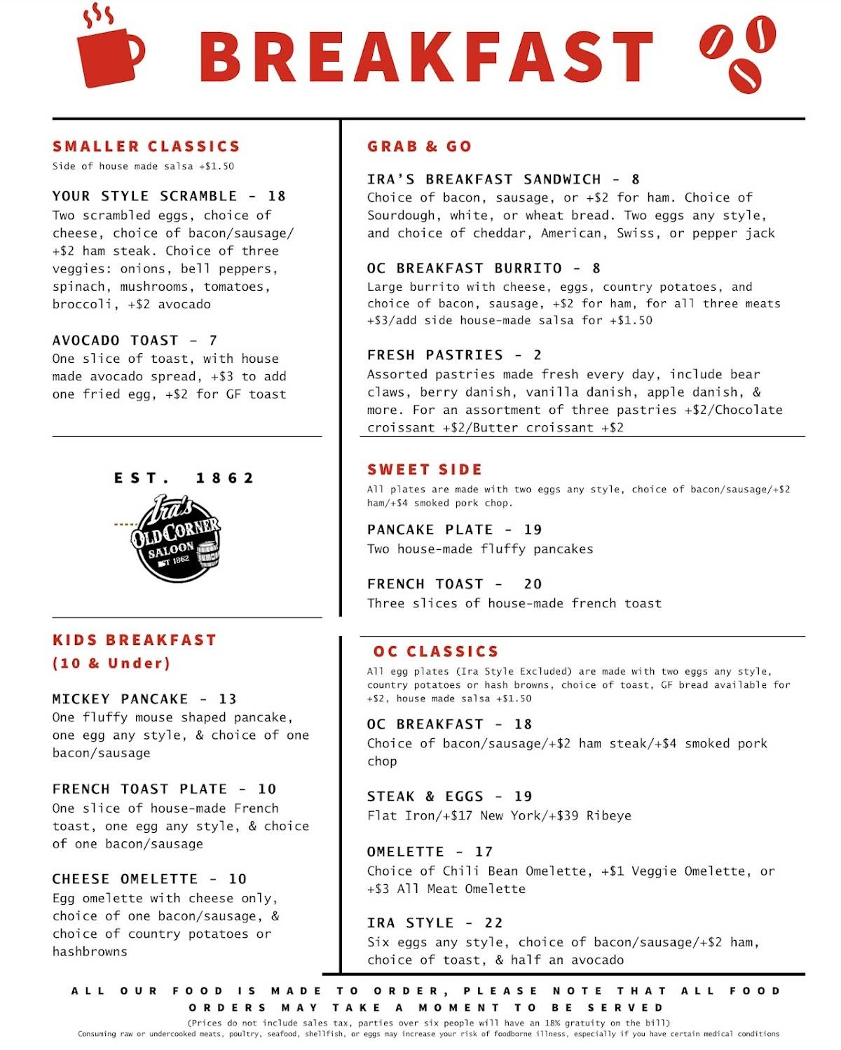 Menu at Ira’s Old Corner Saloon pub & bar, Copperopolis