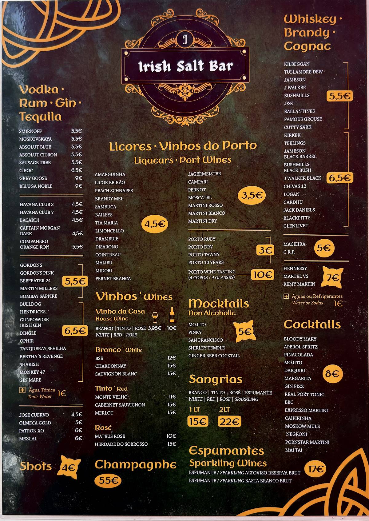 Menu at Irish Salt Bar, Faro
