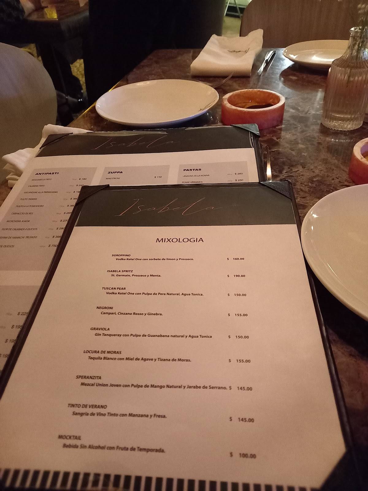 Carta del restaurante Isabela MX, Zapopan