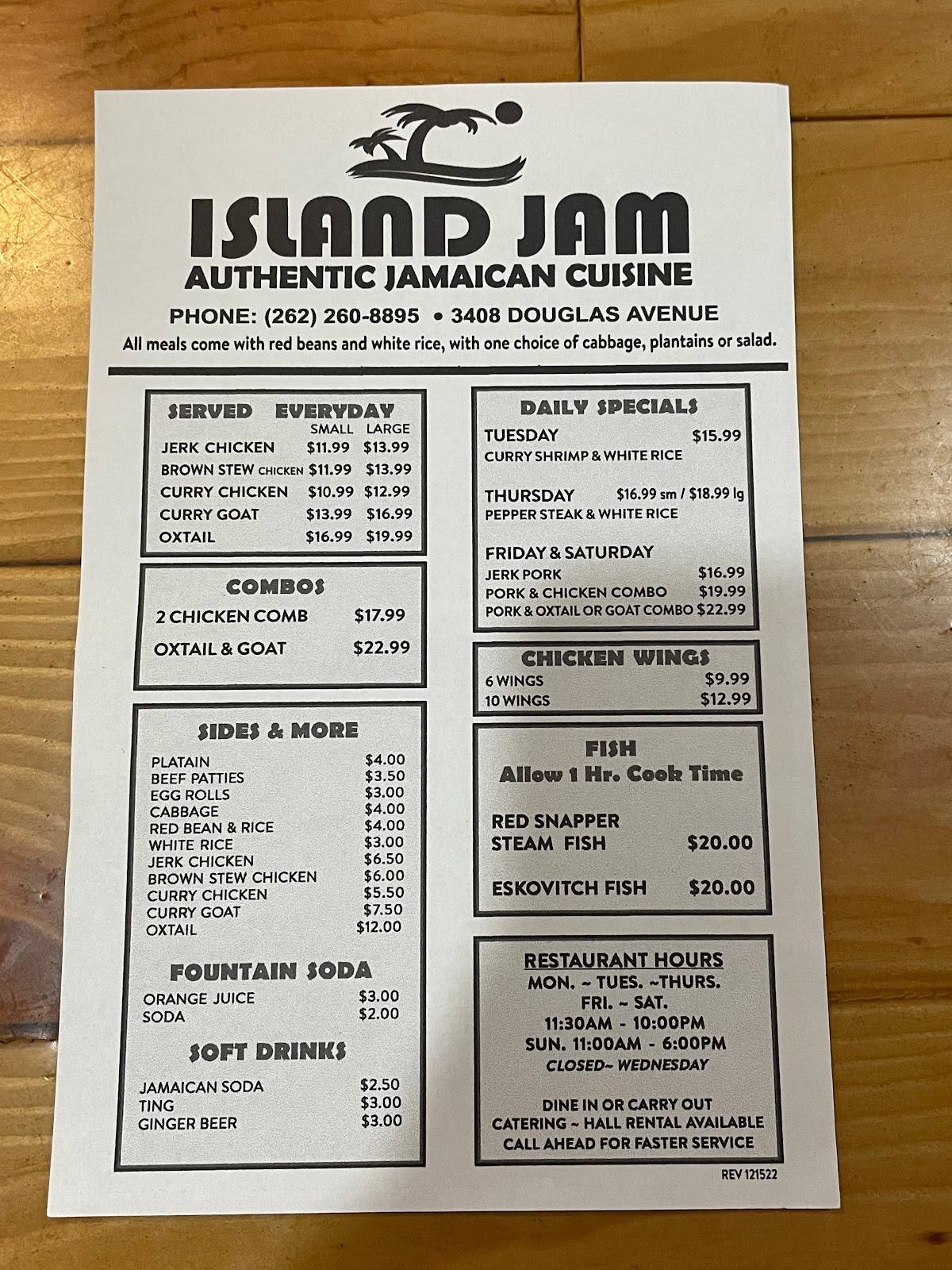 Menu at Island Jam Authentic Jamaican Cuisine restaurant, Racine
