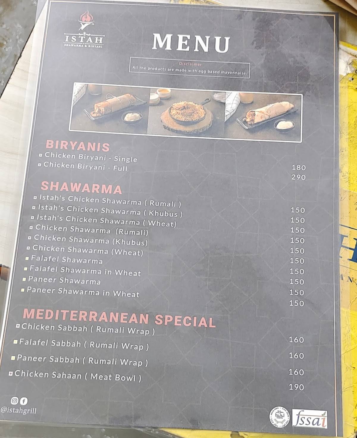 Menu at Istah shawarmas and biryani - Kothapet, Hyderabad, 11-13-1386