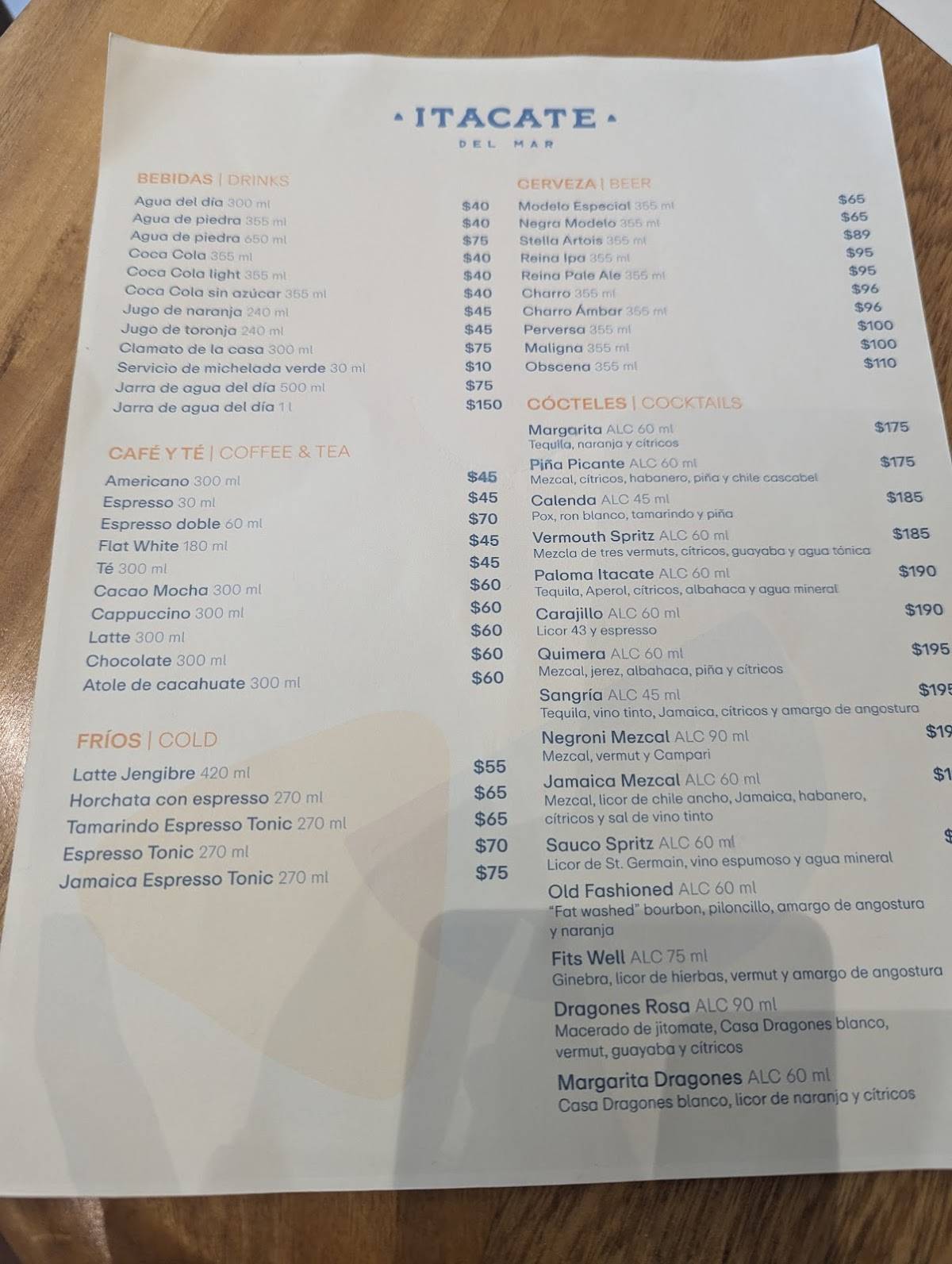 Carta del restaurante Itacate del Mar, Mexico
