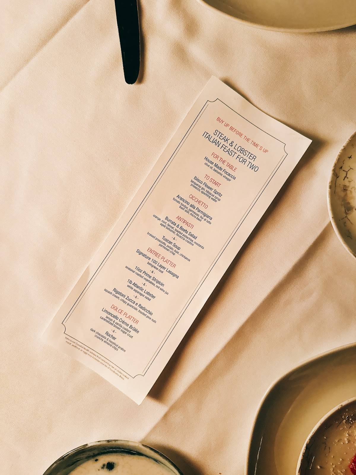 Menu at Italian Kitchen restaurant, Vancouver, 860 Burrard St