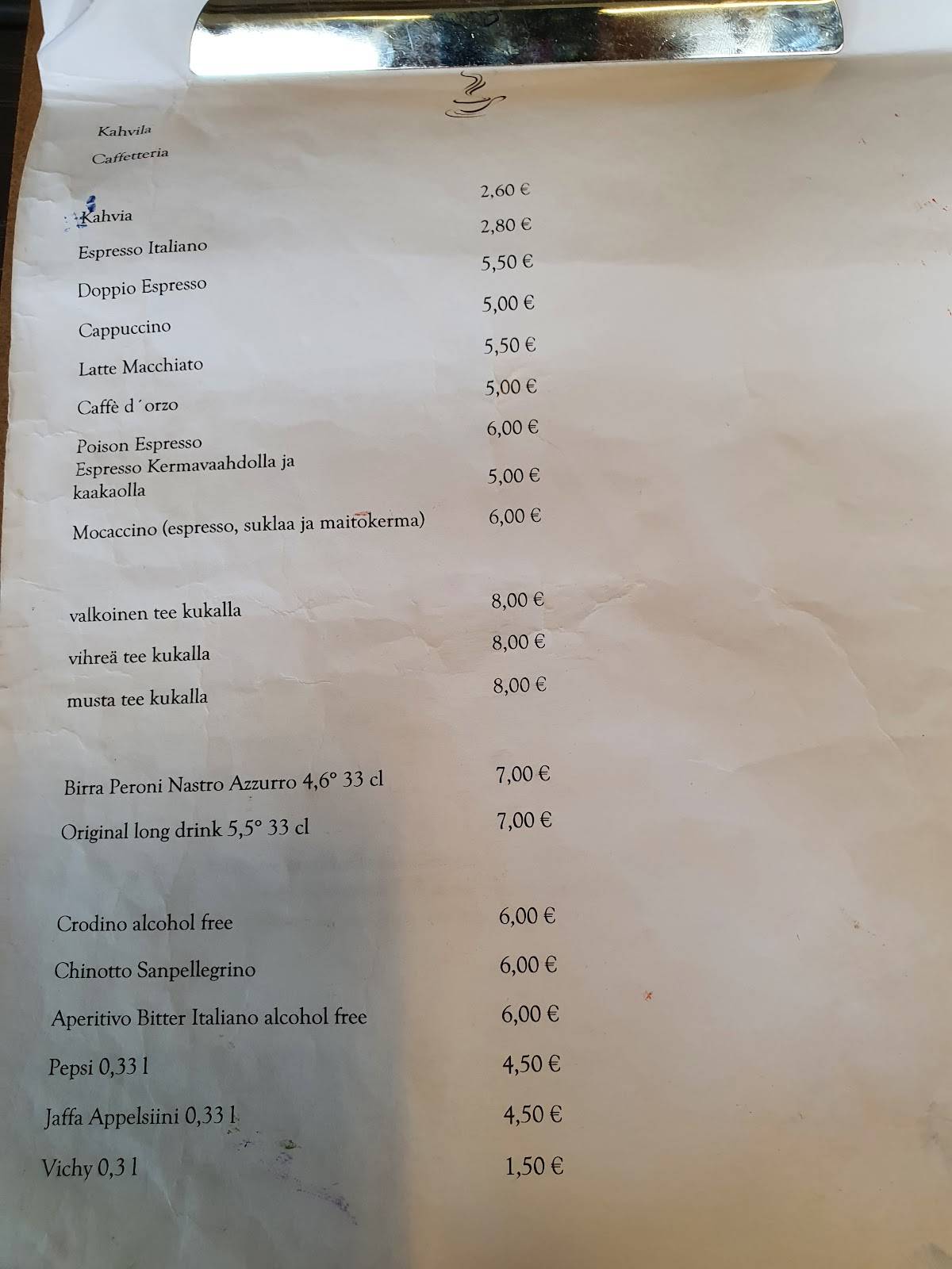 Menu at Italica Taberna restaurant, Oulu