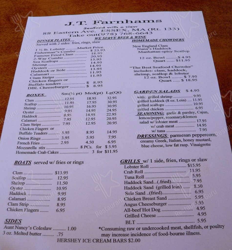 Menu at J.T. Farnham's restaurant, Essex
