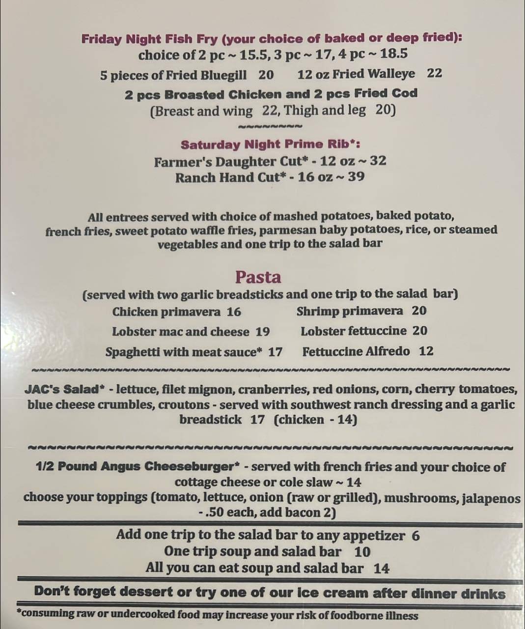 Menu at JAC's Steakhouse, Tomah