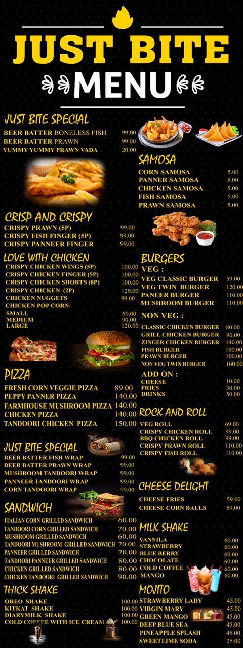 Menu at JUST BITE, Chennai, 9/5