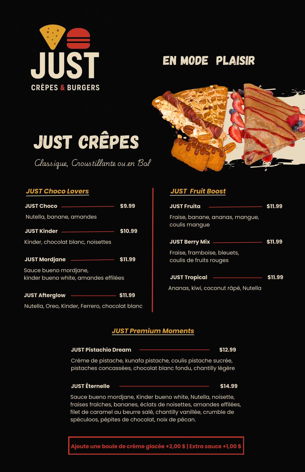 Menu at JUST Crêpes & Burgers restaurant, Montréal