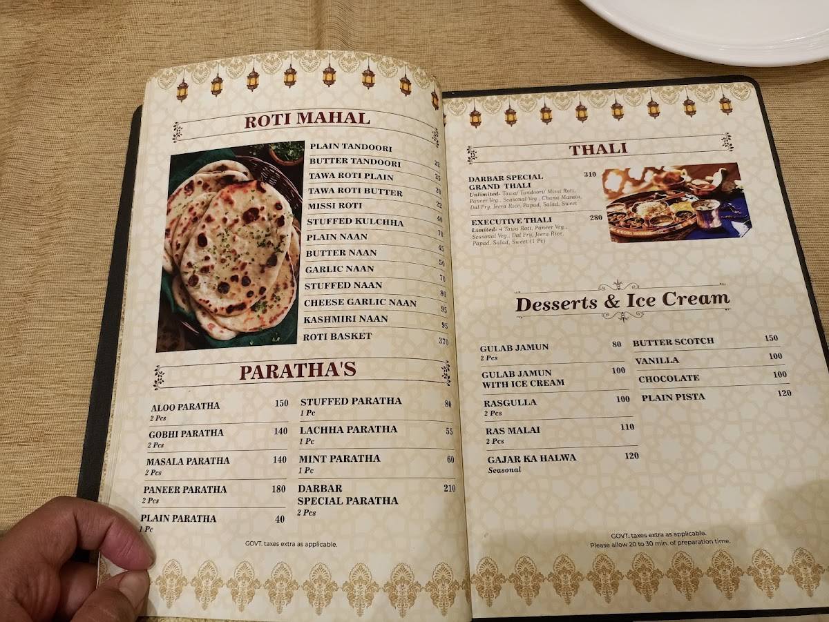 Menu at Darbar veg restaurant, Jabalpur