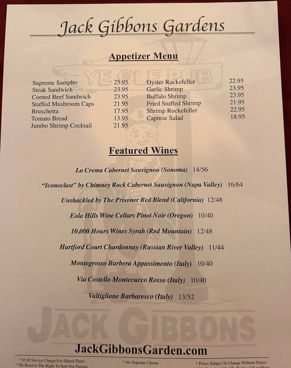 Menu at Jack Gibbons Gardens steakhouse, Oak Forest