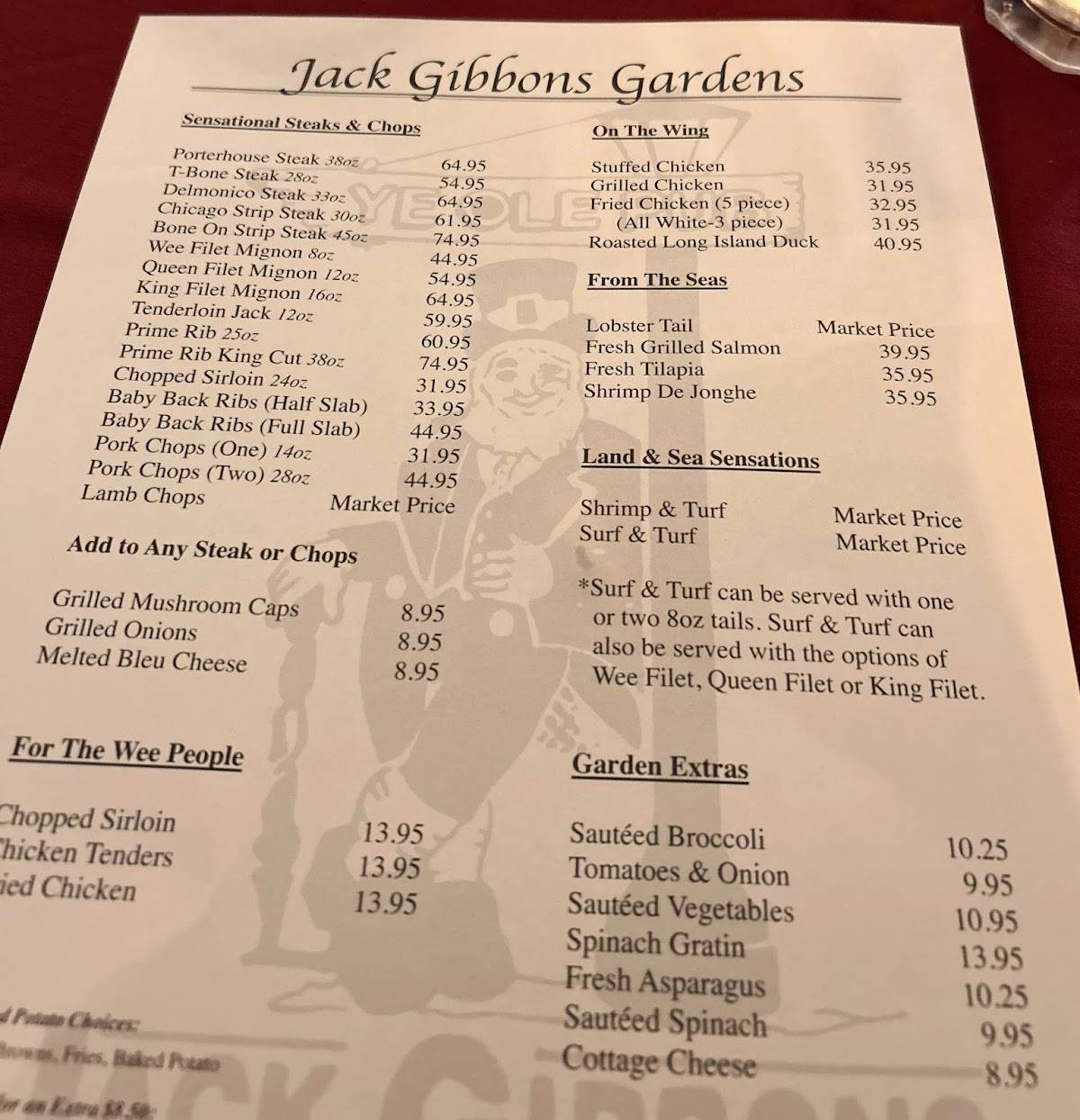 Menu at Jack Gibbons Gardens steakhouse, Oak Forest