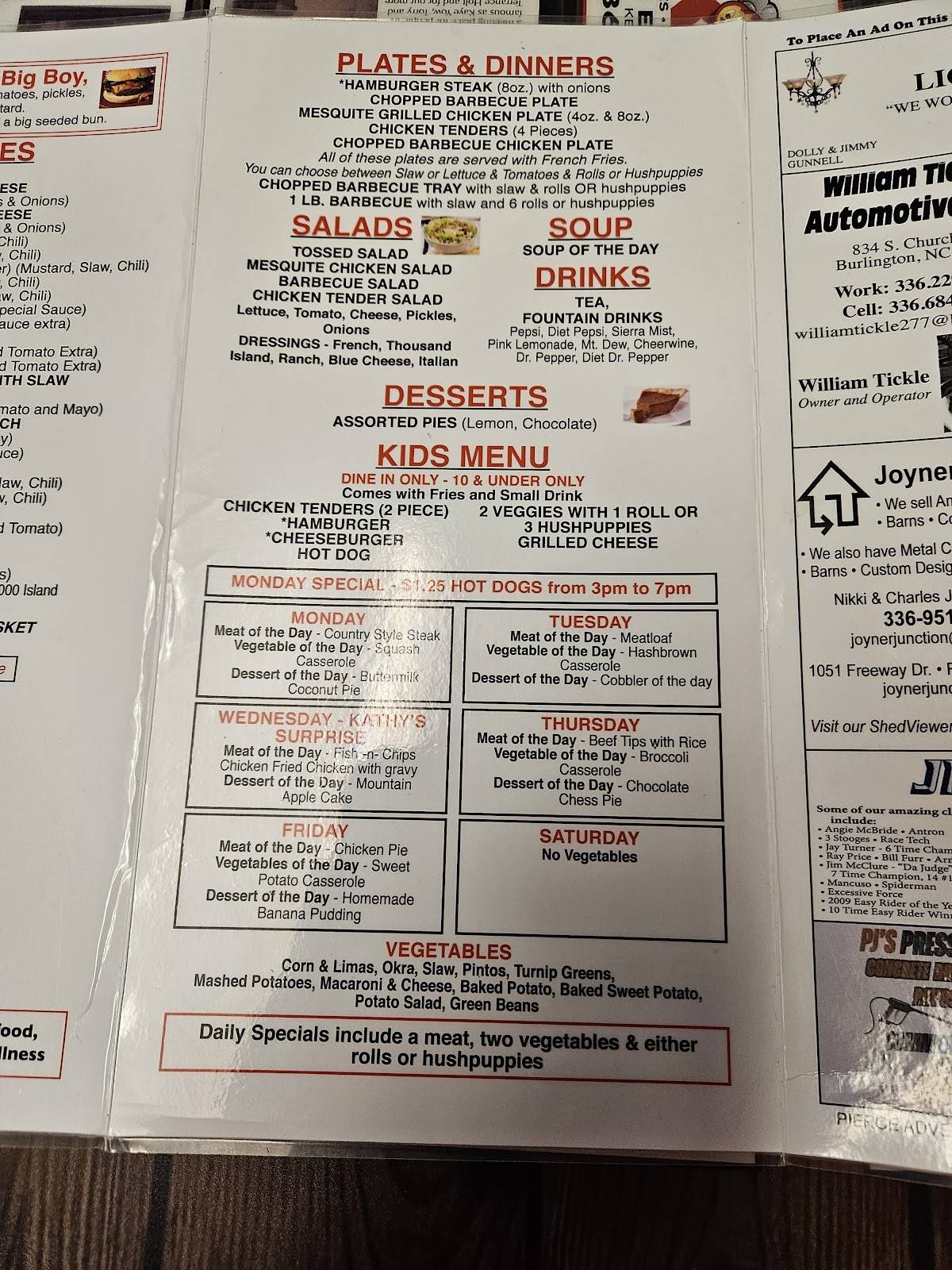 Menu at Jack's Barbecue, Gibsonville