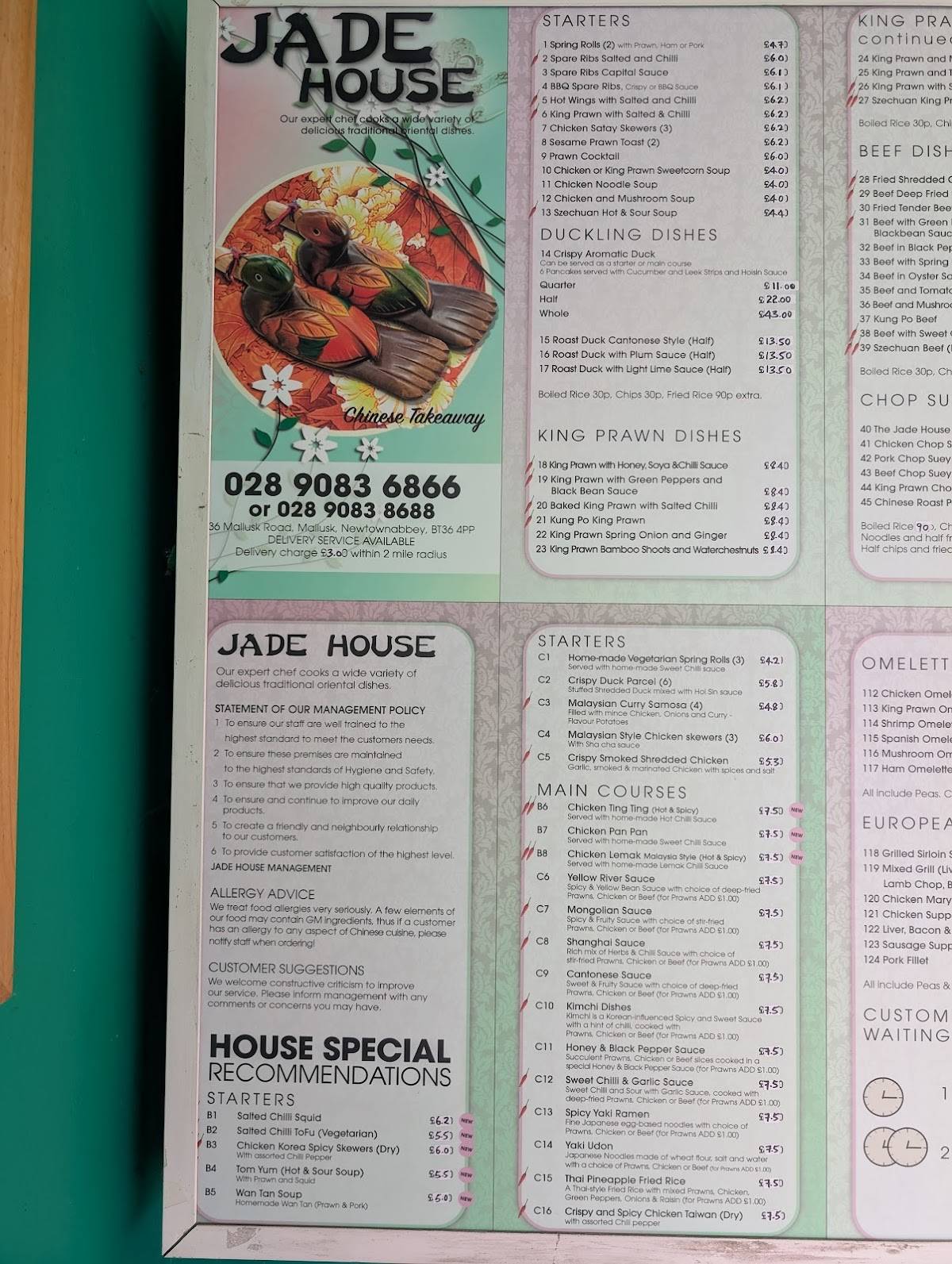 Menu at Jade House fast food, Mallusk, 36 Mallusk Rd