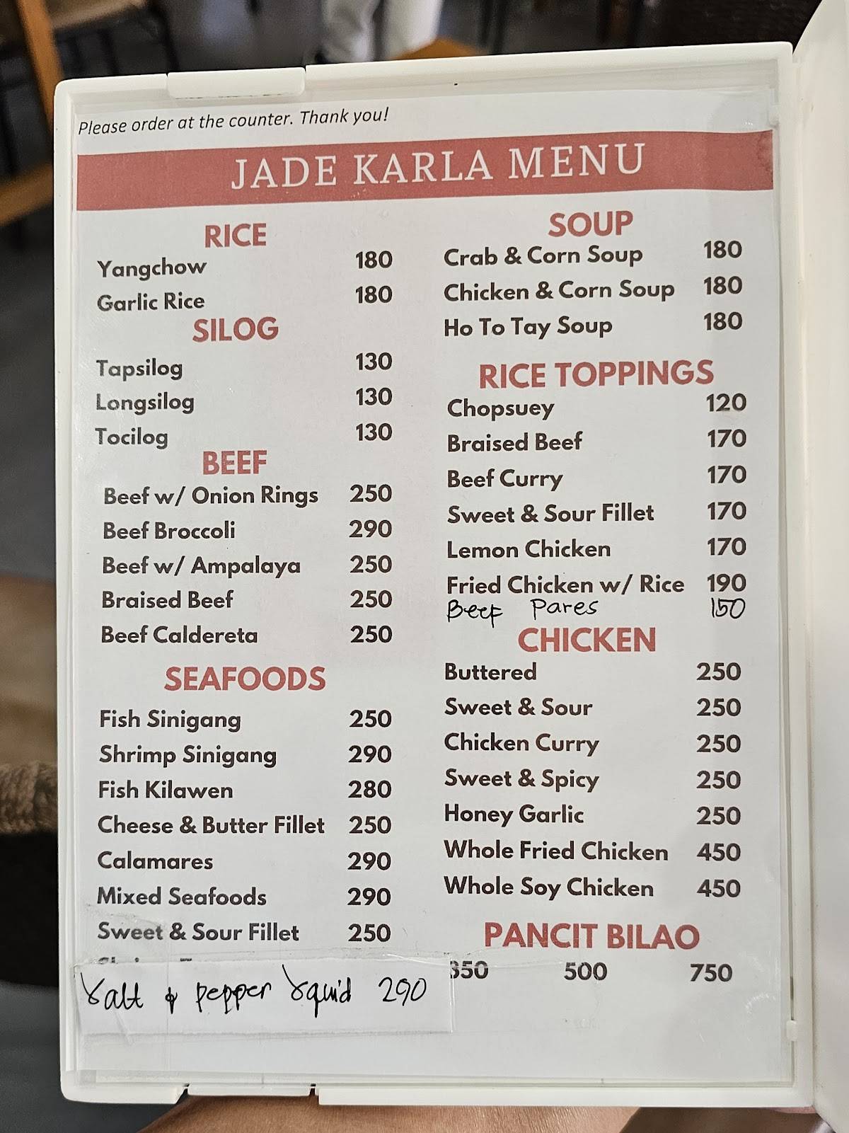Menu at Jade Karla Restaurant, Philippines