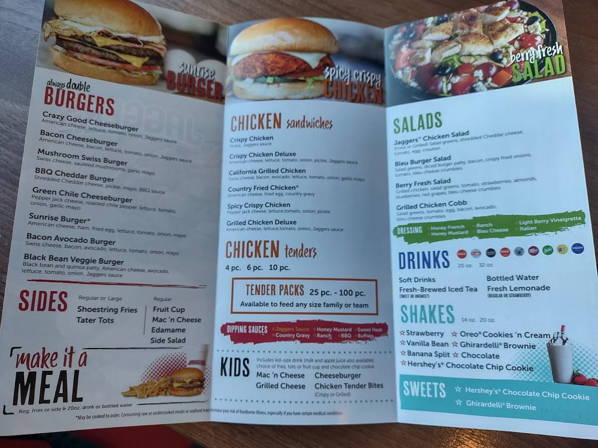 Menu at Jaggers fast food, Indianapolis, US 31 S