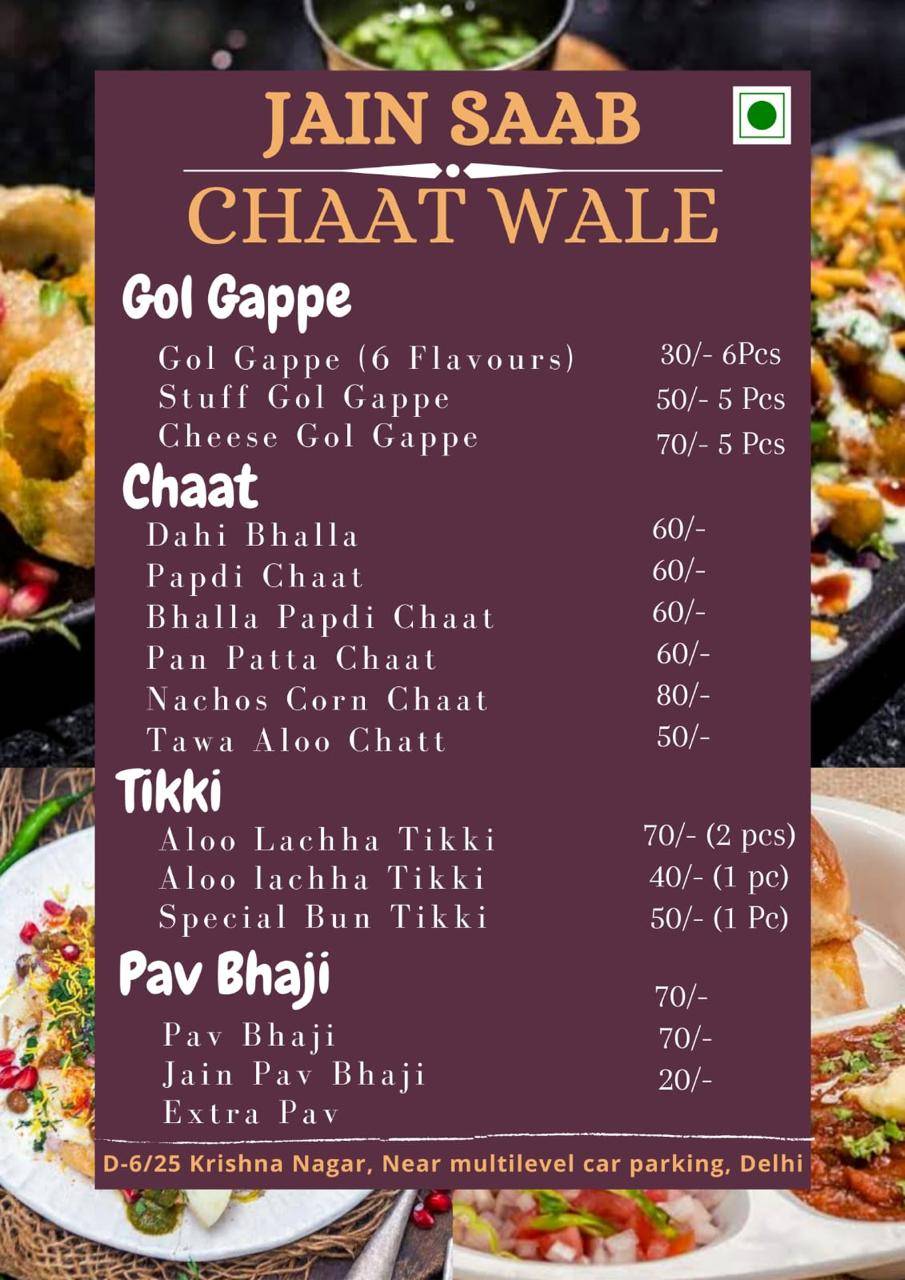 Menu at Jain Saab Chaat Wale, Delhi