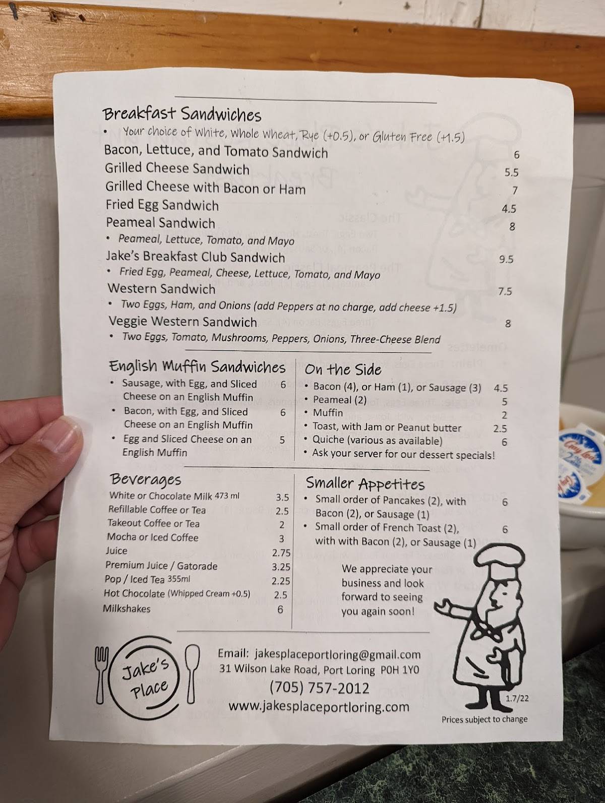 Menu at Jake's Place Restaurant, Port Loring
