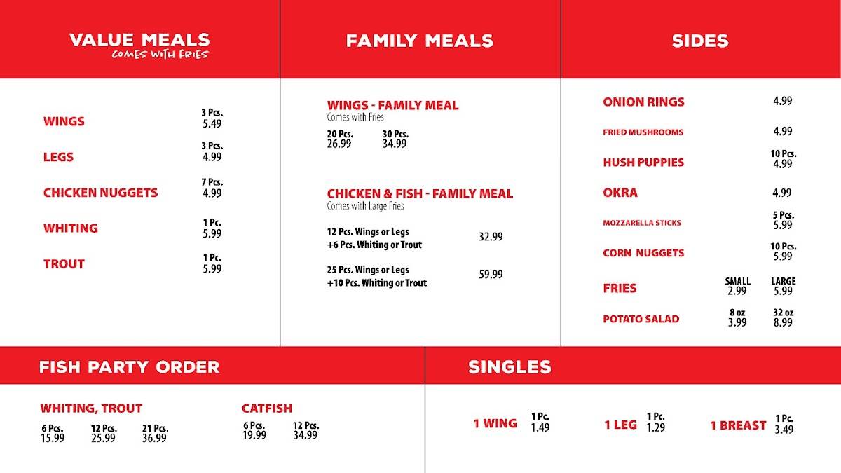 Menu at Jammin fish and chicken restaurant, Baltimore