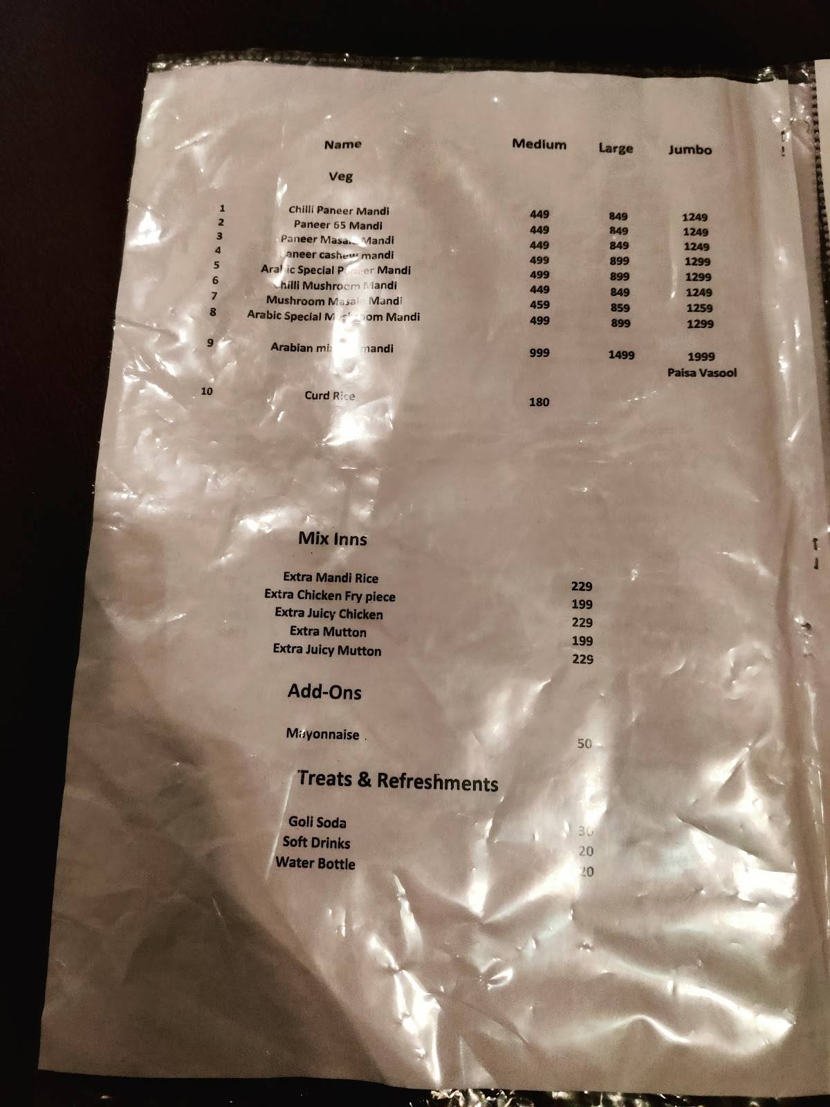 Menu at Main Road, Kakinada