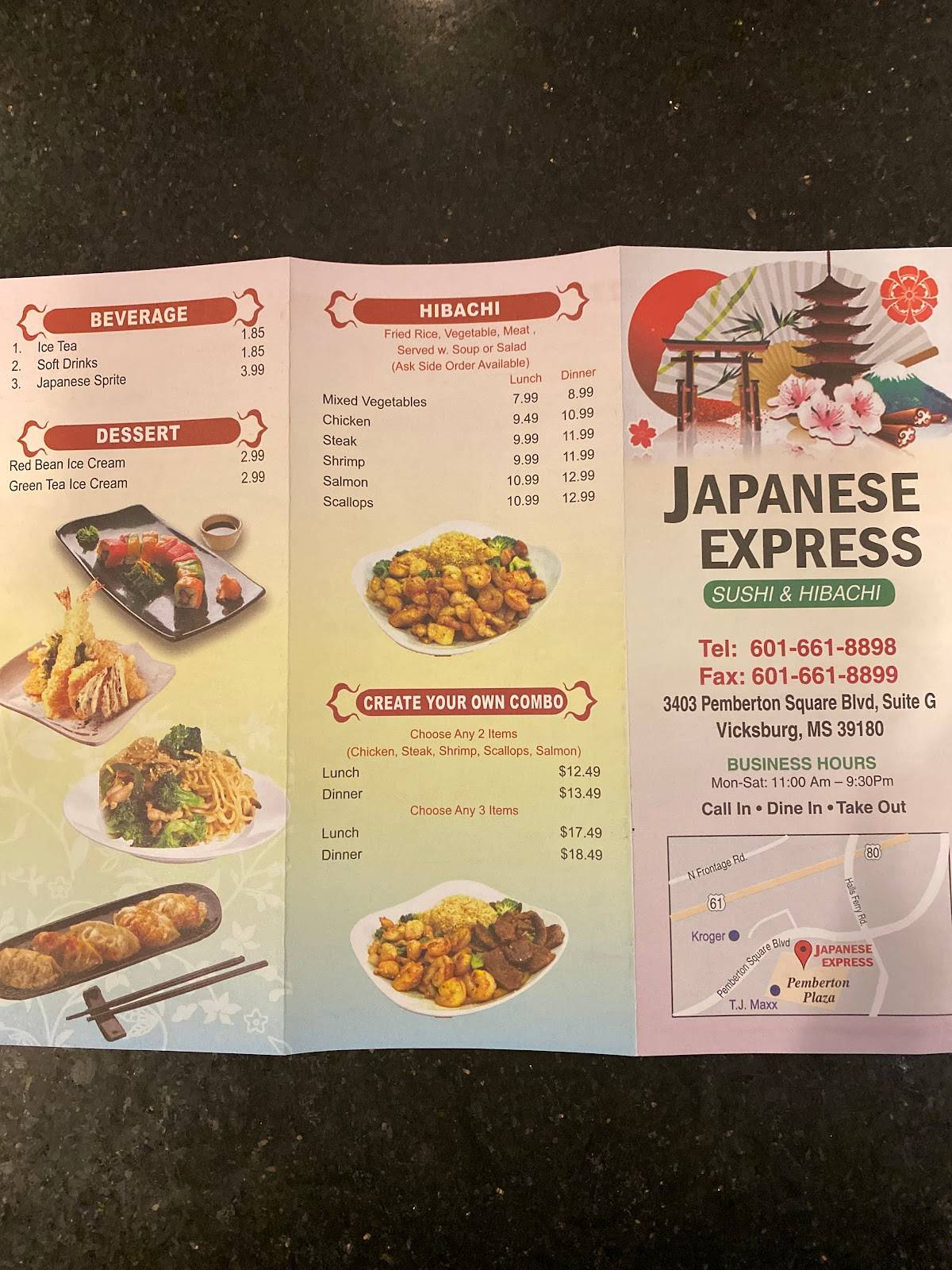 Menu at Japanese Express restaurant, Vicksburg, Pemberton Square Blvd ...