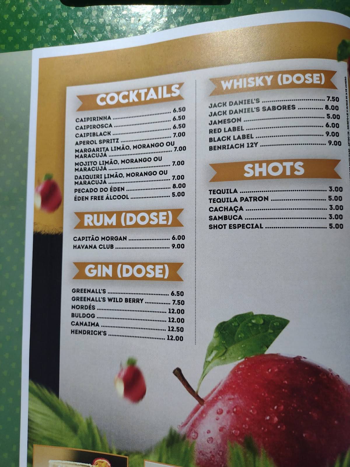 Menu em Jardim do Éden Monsanto restaurante, Lisboa