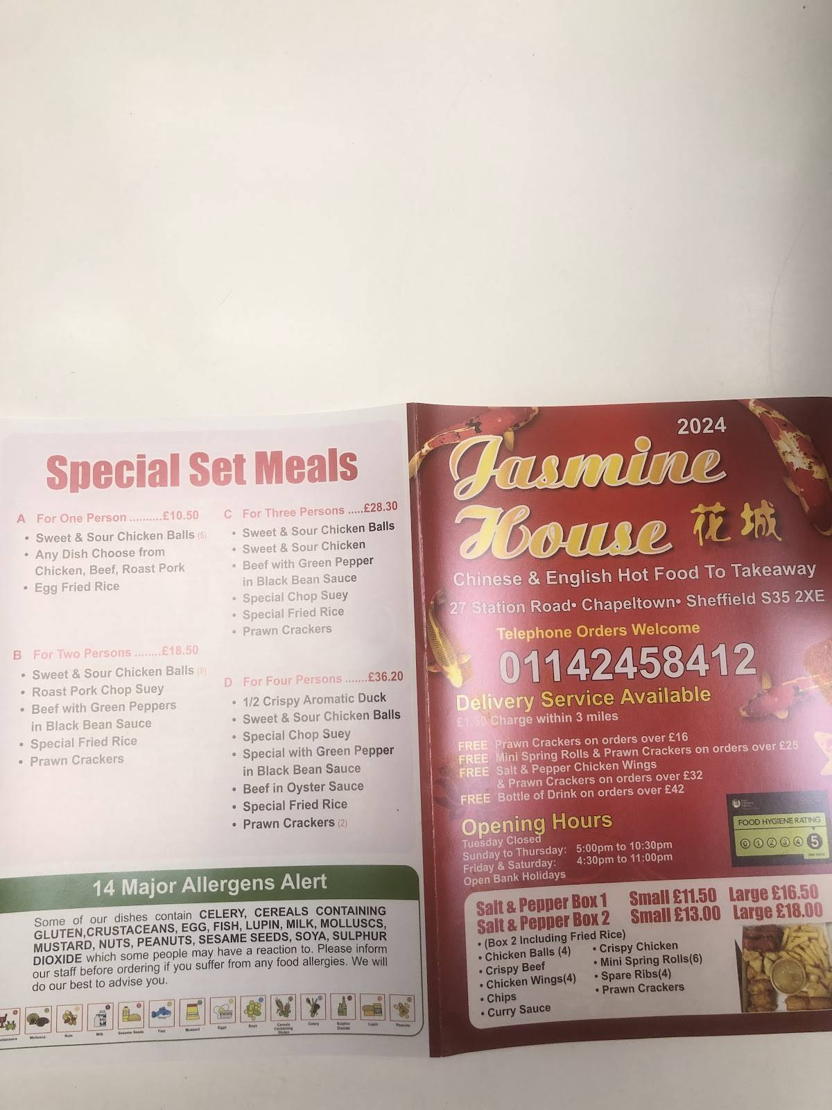 Menu at Jasmine House fast food, Sheffield, 27 Station Rd