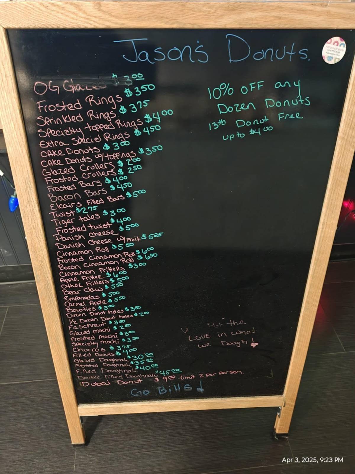 Menu at Jason's Donuts, Anchorage