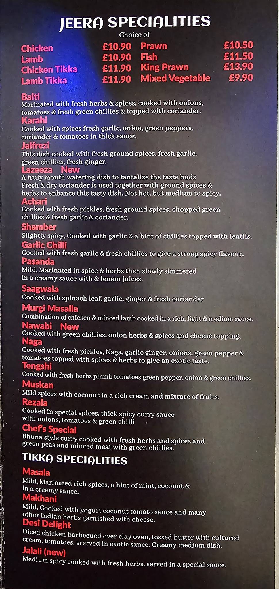 Menu at JeeraLounge Restaurant, Crich