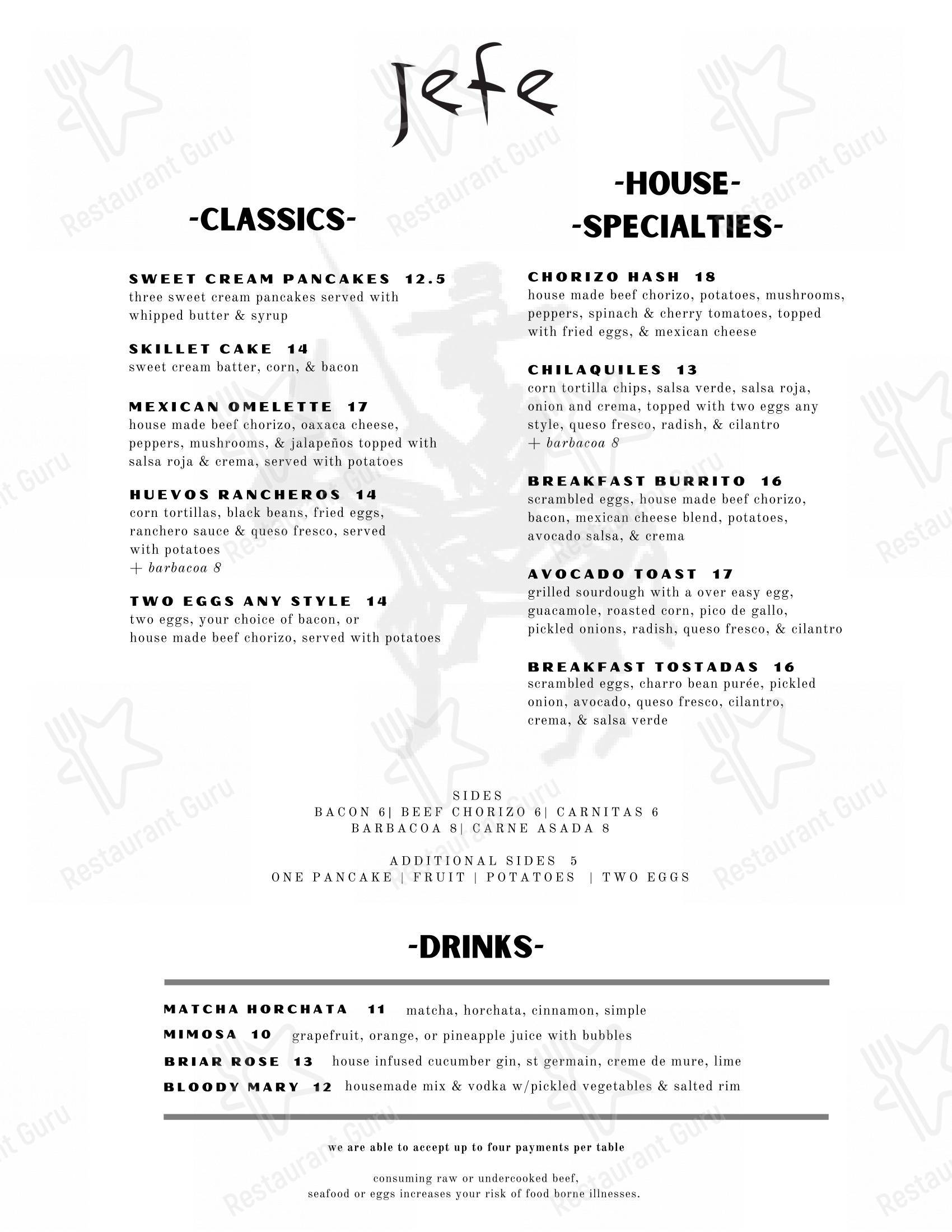 Menu at Jefe Mexican Restaurant, Lake Oswego