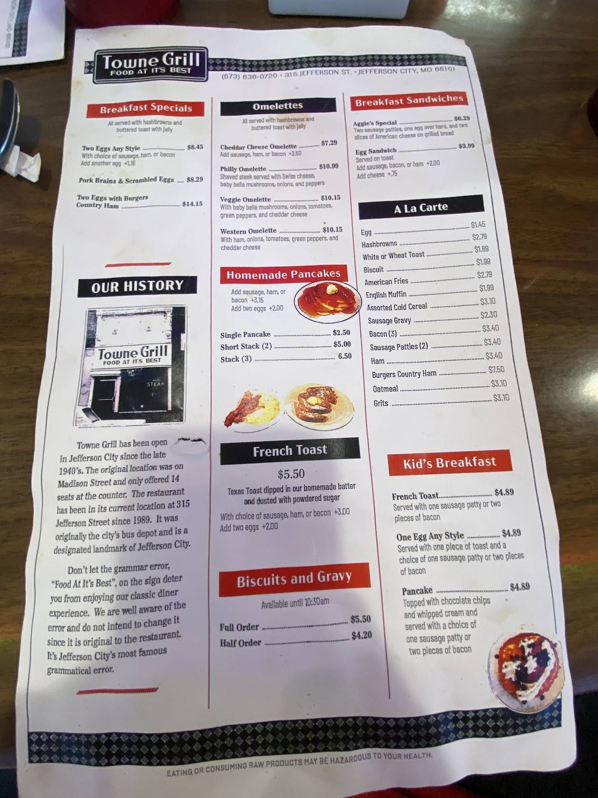 Menu at Towne Grill restaurant, Jefferson City