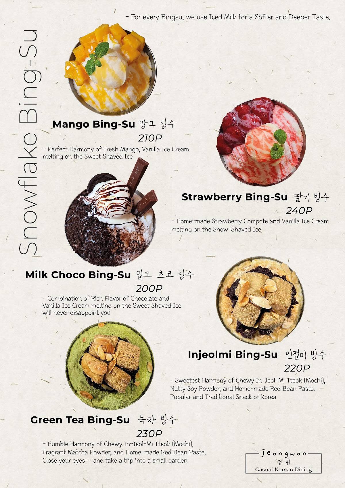 Menu at Jeongwon restaurant, Quezon City