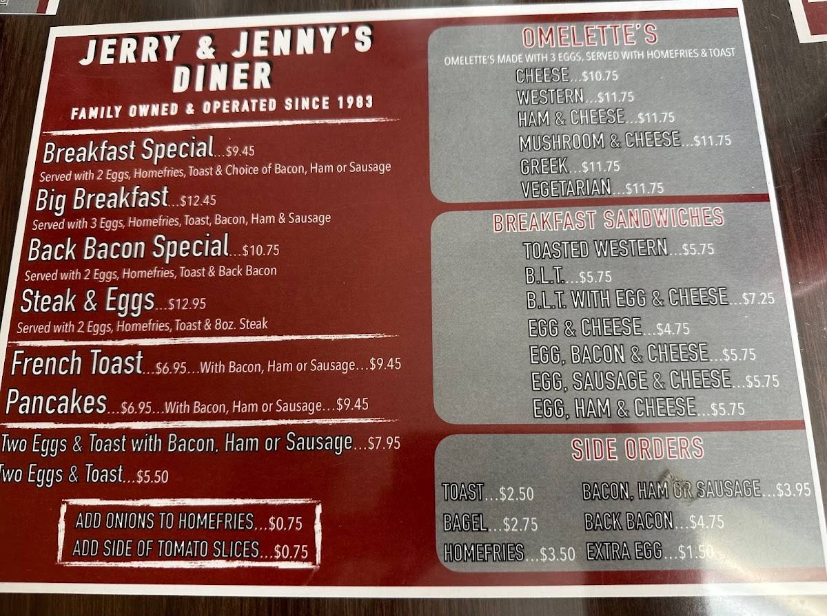 Menu at Jerry & Jenny's Diner restaurant, Windsor
