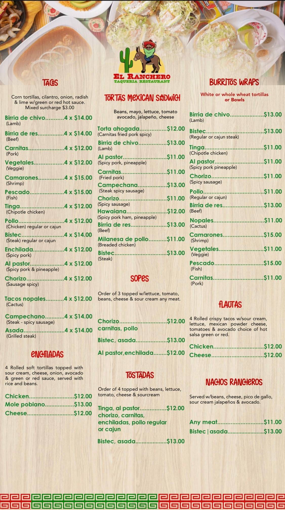 Menu at El Ranchero Taqueria restaurant, Jersey City
