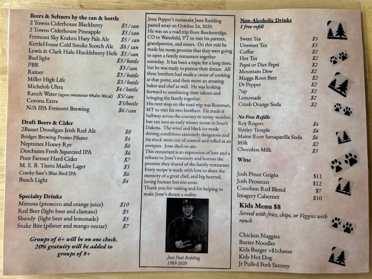 Menu at Jesse Pepper's Smoke Shack pub & bar, White Sulphur Springs