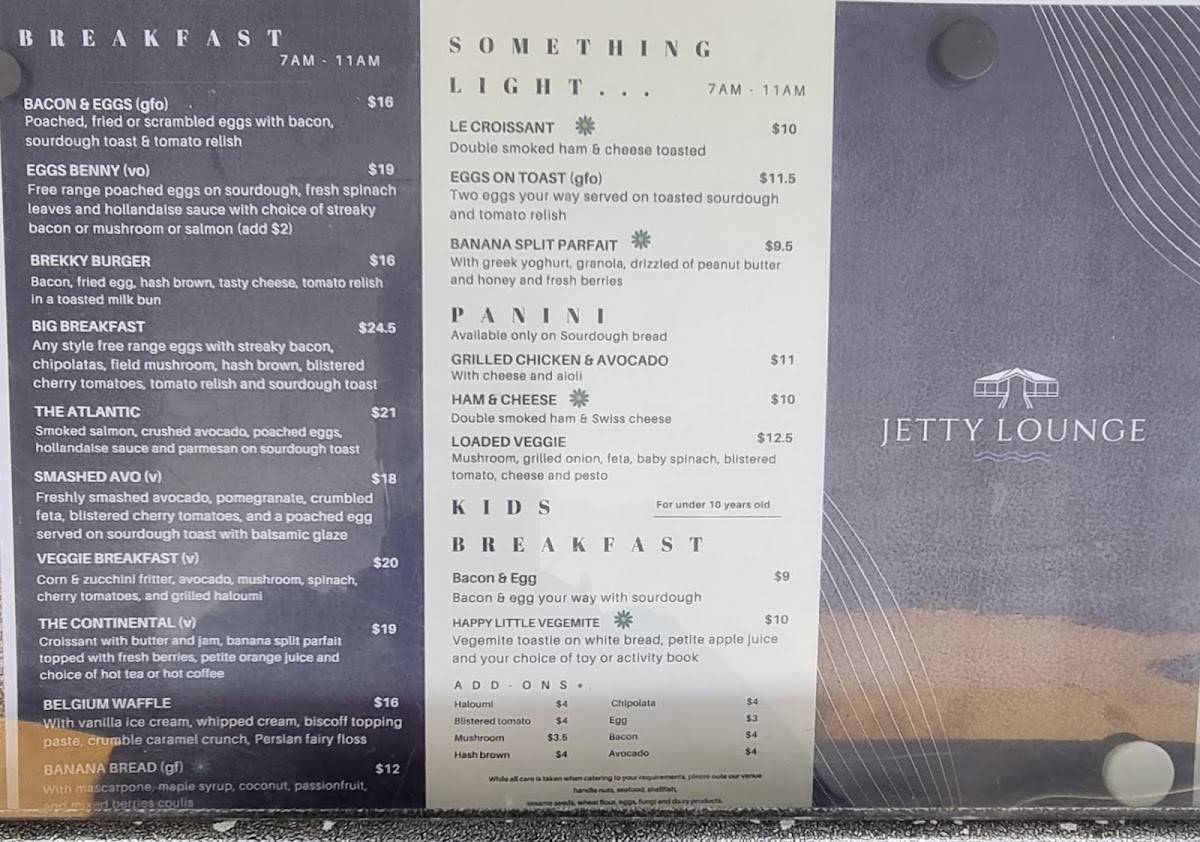 Menu at Jetty Lounge restaurant, Redcliffe