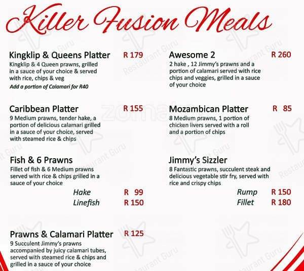 Menu at Jimmy's Killer Prawns Westwood restaurant, Durban, Shop L45